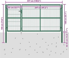 Zahradní plotová branka se sloupky 350 x 140 cm ocelově zelená 142571