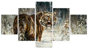 Obraz - Tygr v zasněženém lese, olejomalba (125x70 cm)