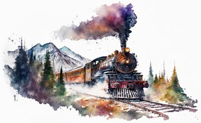 Plakát - Parní vlak v horách, akvarel FeelHappy.cz Velikost plakátu: A1 (59,4 × 84 cm)