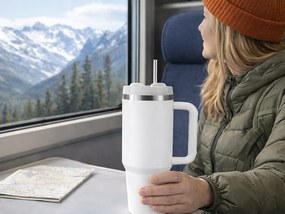 VERK Velký nerezový termohrnek se slámkou a držadlem – 1,2 l - bílý