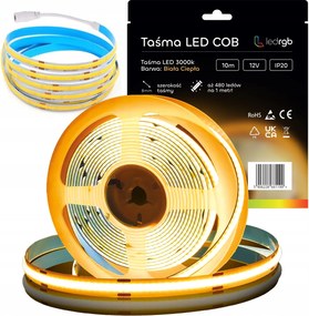 Led páska Neon Cob 12V 10 m 480 diod 3000K Bílá Teplá Homogenní 8MM