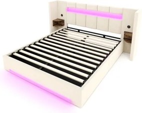 Aosom Multifunkční rám postele s látkovým potahem se stolky ve stylu retro na obou stranách, atmosférické LED pásky, 225x212x103 cm, béžová