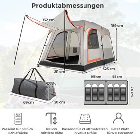 Costway Kempingový stan pro 6 osob s přepážkou na 2 místností a pláštěnkou