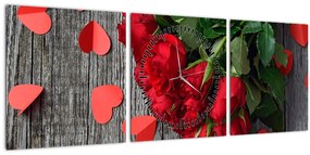 Obraz - kytice růží (s hodinami) (90x30 cm)