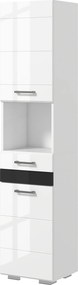 Kleankin sloupec pro úsporu místa do koupelny z MDF, koupelnová skříň s otevřenou policí, zásuvkou a uzavřenou skříňkou, 37x32,5x170 cm, leskle bílá