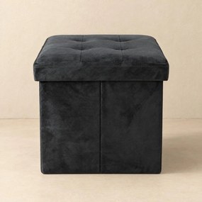 Puf s úložným prostorem, sametový, skládací, 38 × 38 × 38 cm, černý