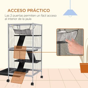 PawHut 4-patrová klec pro hlodavce na kolečkách se 2 dveřmi, 3 rampami, visící houpací sítí a odnímatelným podnosem pro činčily 52x52x113,5 cm Světlá…