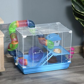 Klec pro křečka PawHut 46x30x37 cm s tunely, krmítkem, dávkovačem vody, rampou, cvičným kolem a přenosným madlem pro vnitřní a venkovní použití v mod…