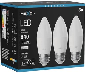 Mexen Nova 3x LED žárovka E27, C37, 8W, Neutrální - 4000K, 840 lm - L102-E27-0840-01x03