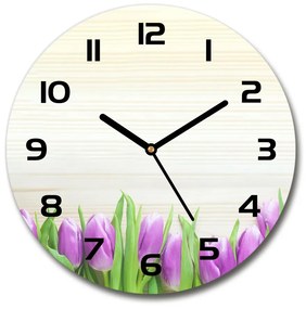 Wallmuralia Skleněné hodiny kulaté Fialové tulipány fi 30 cm