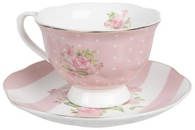 Růžový puntíkatý porcelánový šálek s podšálkem se vzorem růžiček Sweet Roses – 200 ml