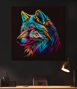 Obraz na plátně - Barevný zářící vlk, hlava FeelHappy.cz Velikost obrazu: 140 x 140 cm