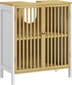 HOMCOM Koupelnová skříňka pod umyvadlo s dvojitými dveřmi a nastavitelnou policí, nosnost 30 kg, 60x30x70 cm, přírodní a bílá | Aosom