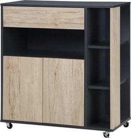 HOMCOM Víceúčelový Kuchyňský Vozík s Šuplíkem, Skříňkou a Policemi, Kuchyňský Ostrovní Servírovací Vozík se 4 Koly, 80x39x86,5cm, Dřevo a Černá | Aoso