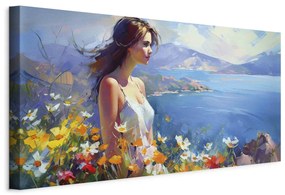 Obraz XXL Žena proti moři - květinová horská krajina ve stylu Moneta