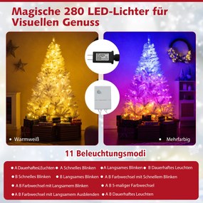 Costway Umělý vánoční stromek 180 cm s tříbarevnými LED, bílý