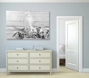 Obraz třešňová větvička a lucerničky v černobílém provedení - 60x40 cm