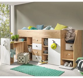 Patrová postel SMART 3 | 90x200 | PRAVÁ | s úložnými prostory a stolkem | artisan/bílá