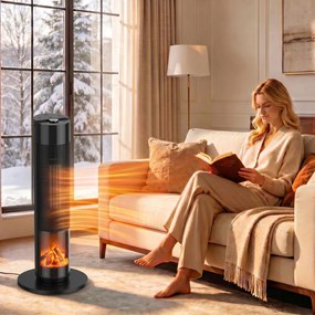 HOMCOM keramický teplovzdušný ventilátor s 3D plamenem, 2000 W, černý