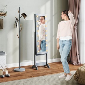HOMCOM Šperkové zrcadlo s LED – stojací skříňka, nastavitelný celozrcadlový stojan, šedá