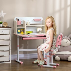 HOMCOM Dětský stůl a židle pro děti 3+ let S nastavitelnou výškou a sklopným stolním povrchem, zásuvkou a knihovnou 80x52x88-109 cm a 35.5x44.5x66-80…