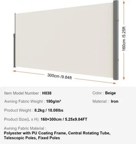 Stahovací boční markýza, 160 × 299,7 cm Venkovní ochranná – KSSCP160X300B18WCV0