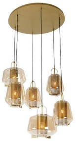 Art deco závěsná lampa zlatá s jantarovým sklem 6 světel - Kevin