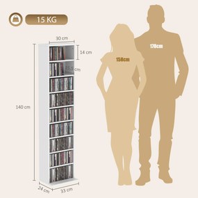 HOMCOM Police na CD/DVD, 9 úrovní, úzká volně stojící police se 6 nastavitelnými policemi, pro 260 CD, bílá