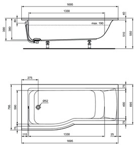 Ideal Standard Connect Air - Vana se zónou pro sprchování (levá) 1695 x 795 mm, Bílá, E113401