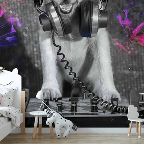 Fototapeta DJ pes - veselá abstrakce v odstínech šedi s hudebním motivem
