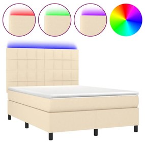 vidaXL Box spring postel s matrací a LED krémová 140x190 cm textil