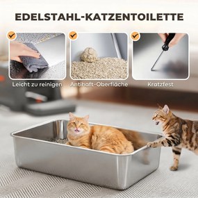 PawHut XXL nerezová toaleta pro kočky, objem 130 l — výklopné víko 180°, vysoké boky, lopatka a nášlap — pro až 3 kočky (do 10 kg každá) — 70 x 50 x …