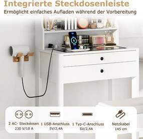 Costway Toaletní stolek s polstrovanou stoličkou a zásuvkami a 3 Barevný LED