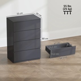 HOMCOM komoda se 4 zásuvkami, vysoce lesklý úložný nábytek, soft-close, 55 x 34 x 80 cm, šedá