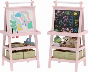 AIYAPLAY Dětský Easel 3 v 1 Dvousečný Magnetický Dětský Malířský Easel s Papírovým Rolem a Úložnými Košíky 59x48x118 cm Růžový | Aosom