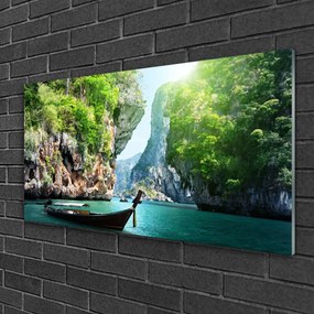 Obraz na skle Hora Voda Loďka Příroda 120x60 cm