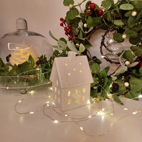 LED dekorace keramický domeček, 8,5 × 6,9 × 12,9 cm, teple bílá, 2× LR44