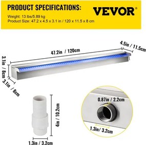 Barevné LED přelivy do bazénu s vodopádem z nerezové oceli 120 × 11,5 × 8 cm