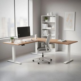 Výškově nastavitelný stůl OfficeTech Angle, 180 x 200 cm, bílá podnož, dub silverjack