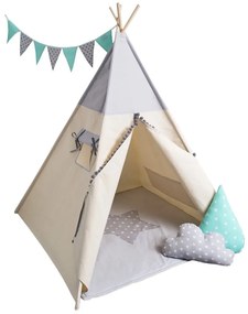 lovel.cz Dětský stan teepee - Grey Pom Pom Grey/mint