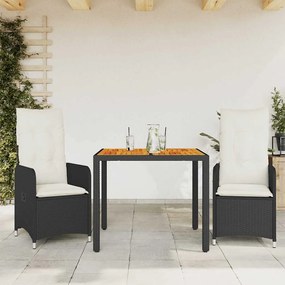 3dílný zahradní bistro set s poduškami černý polyratan