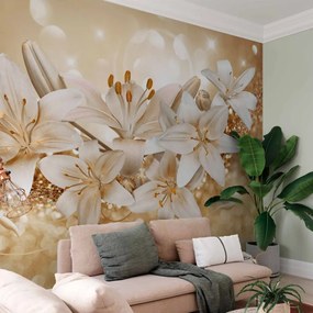 Fototapeta Zlatý roślinný motyw - bílé lilie s ornamenty na lesklém pozadí