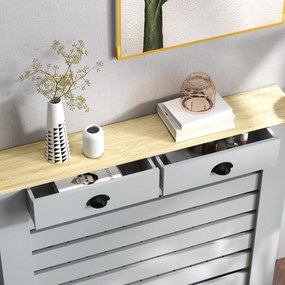 HOMCOM kryt radiátoru s lamelami z MDF, mřížkový kryt se 2 zásuvkami, 111x19x95,5 cm, šedý