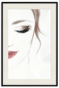 Plakát Jemná krása - portrét ženy s rudými rty na bílém pozadí