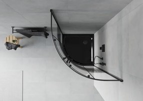 Mexen Rio, čtvrtkruhový sprchový kout s posuvnými dveřmi 90 (dveře) x 90 (dveře) x 190 cm, 5mm čiré sklo s pásky, černý profil + černá sprchová vanička Slim, 863-090-090-70-20-4170B