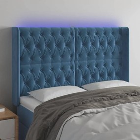 Čelo postele s LED tmavě modré 147 x 16 x 118/128 cm samet