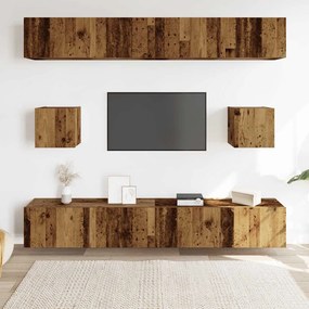 Sada 6 kusů nástěnné TV skříňka starého dřeva kompozitní dřevo 3328991