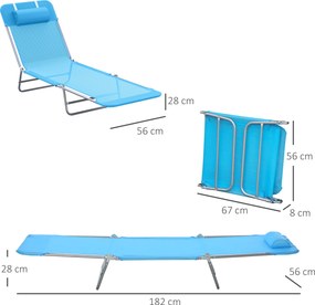Skládací zahradní lehátko s polštářem pod hlavu, 5polohové nastavitelné opěradlo do 120 kg Modrá barva