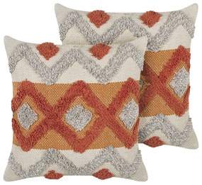 Sada 2 tkaných bavlněných polštářů s geometrickým vzorem 45 x 45 cm oranžové/béžové BREVIFOLIA Beliani