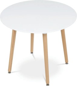 Stůl jídelní, kovová kostrukce, dřevěné nohy, MDF – bílý matný lak (90 x 90) cm